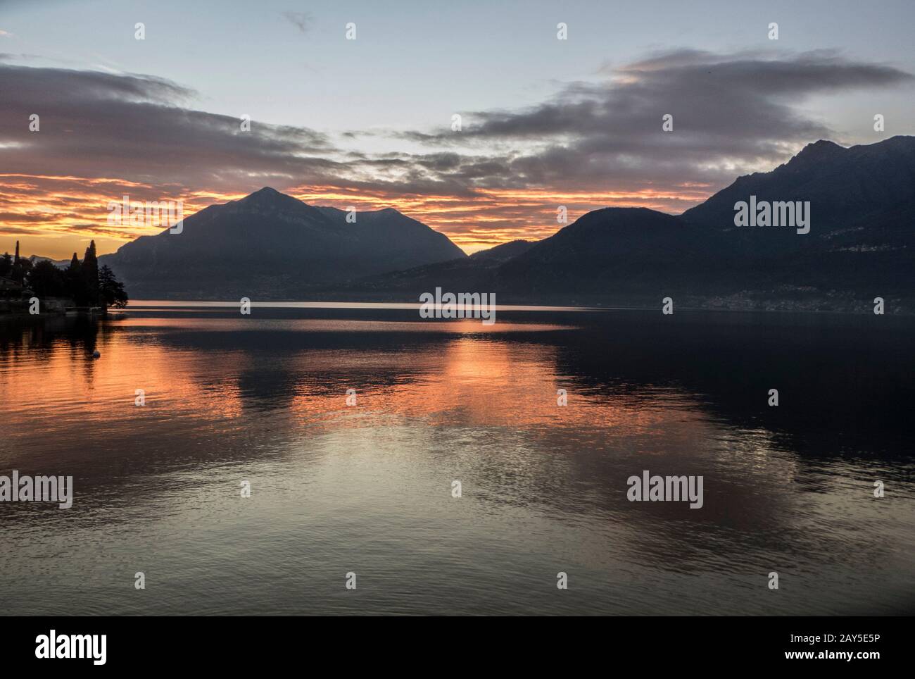 Sunset over the Lake of Como seen from Bellano, Lombardy, Italy, Europe ...