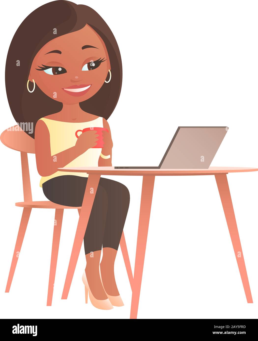 Nice girl sitting at a table with a laptop computer. In the hands of a ...