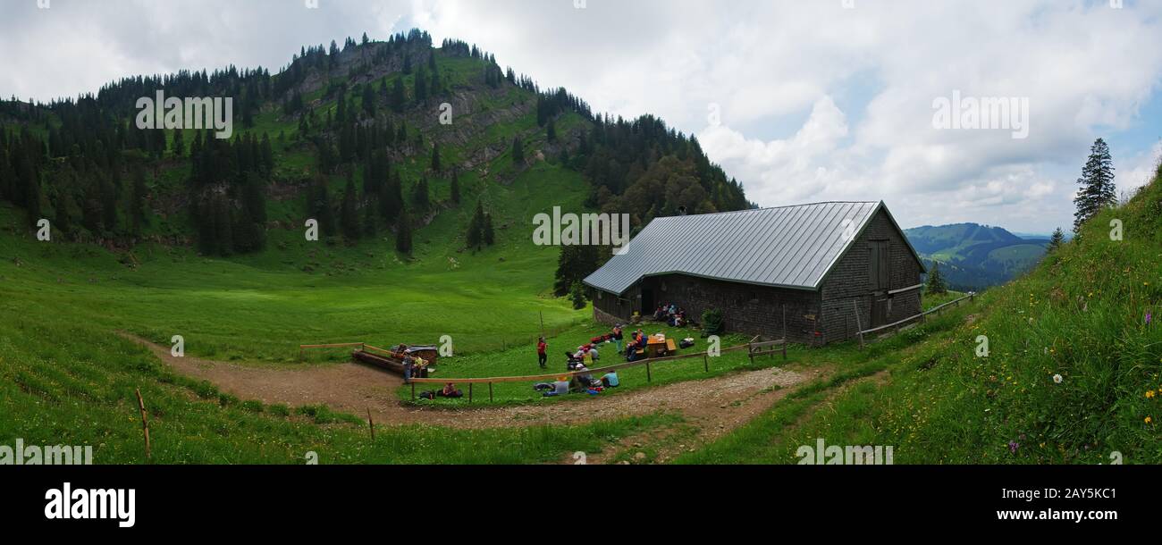 Rest stop at a mountain hut - Nagelfluhkette Nature Park Stock Photo ...