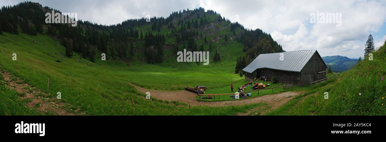 Rest stop at a mountain hut - Nagelfluhkette Nature Park Stock Photo ...