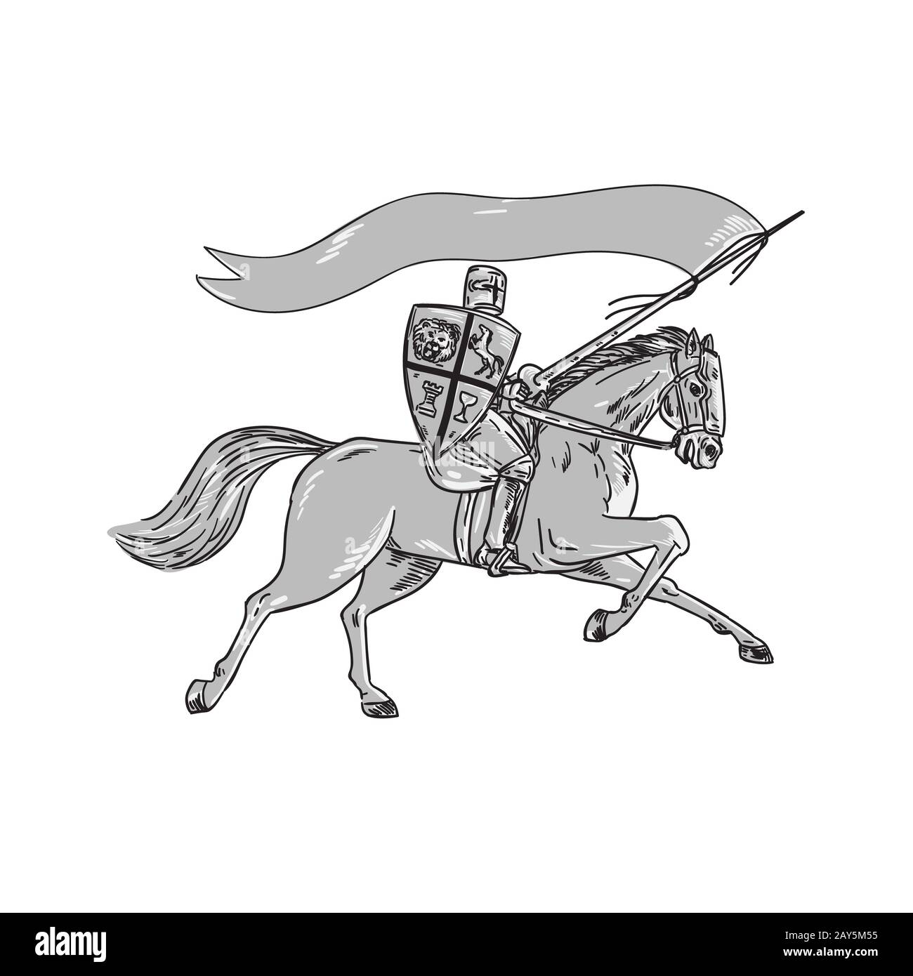 Knight Riding Horse Shield Lance Flag Retro Stock Photo - Alamy