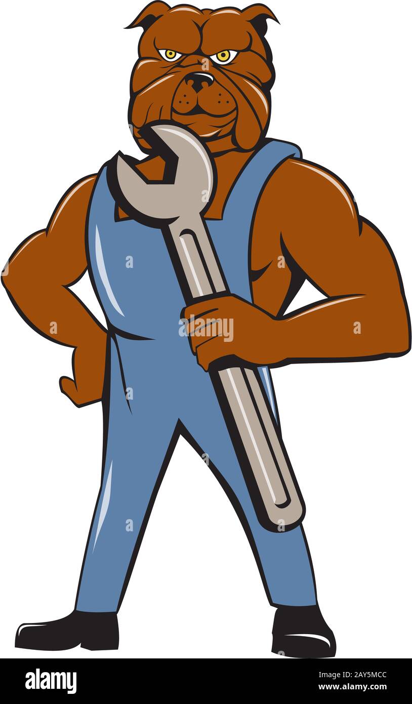 Bulldog Mechanic Holding Wrench Cartoon Stock Photo - Alamy