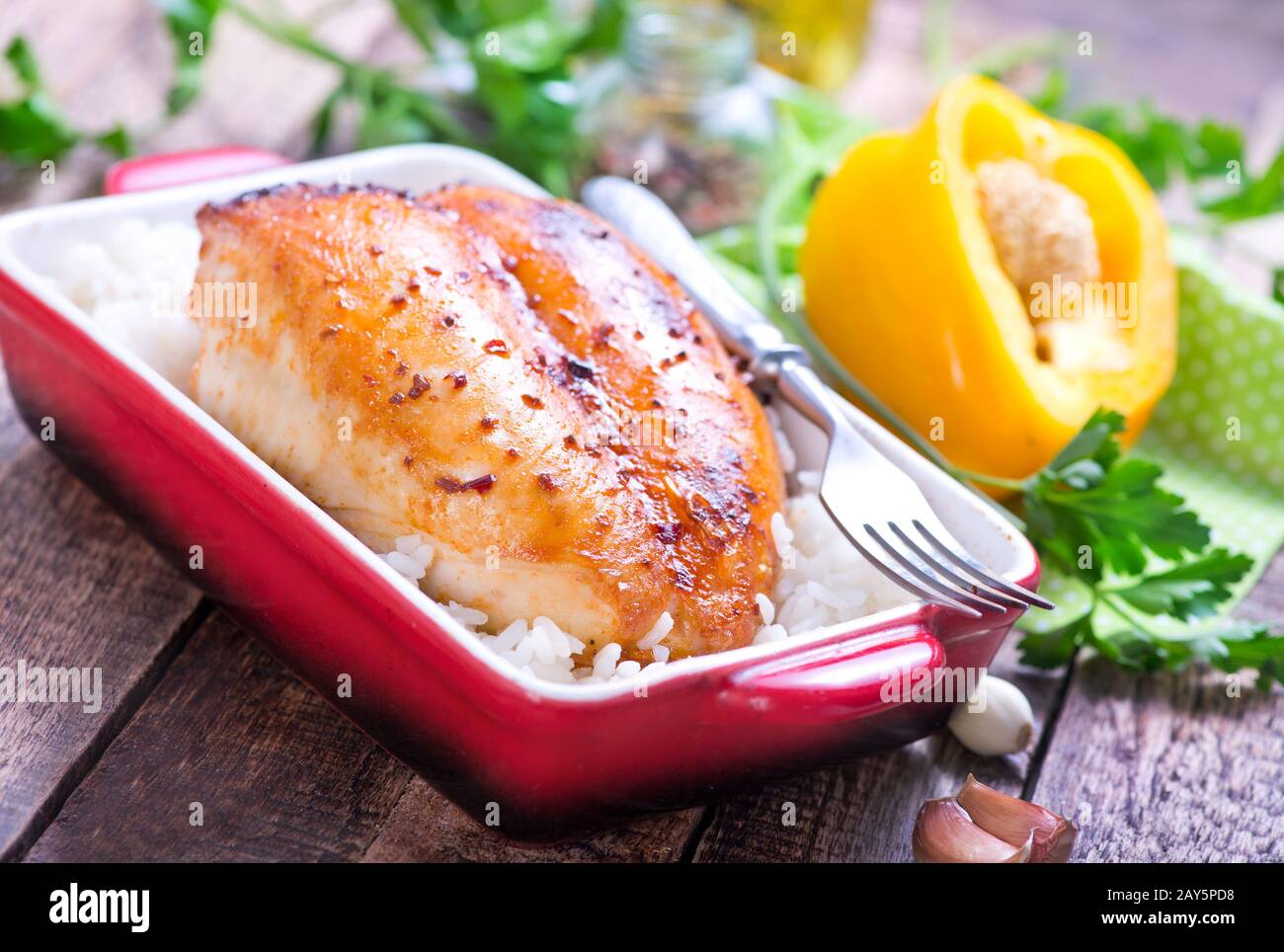 Roasted chicken leg with vegetable rice and salad meat hi-res stock ...