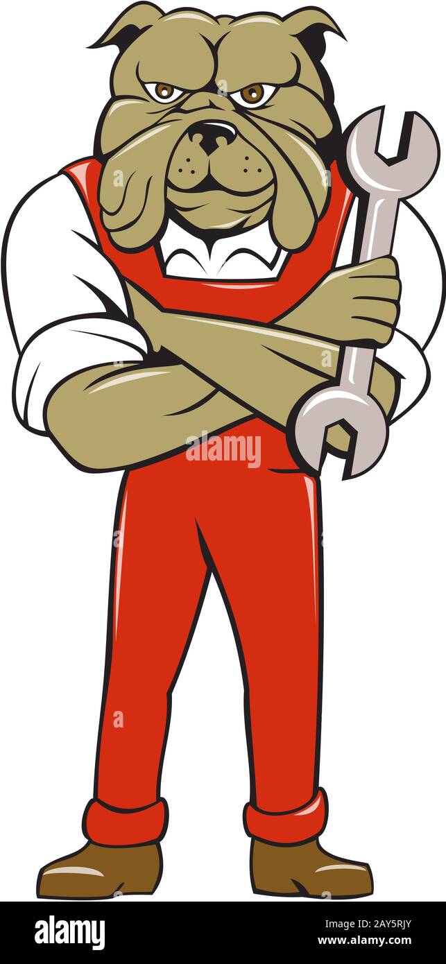 Bulldog Mechanic Arms Crossed Spanner Cartoon Stock Photo - Alamy