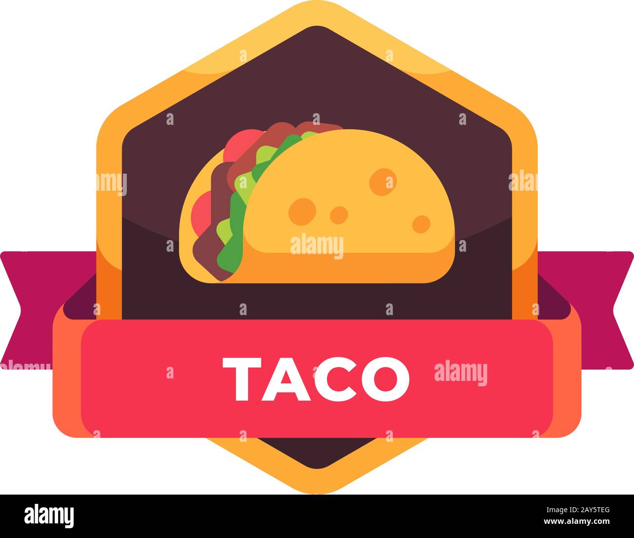 Taco with salad and tomatoes. Mexican fast food label Stock Vector ...