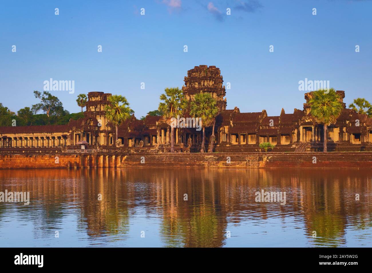 Angkor Wat, in Cambodia. Front general view of western facade at sunset ...