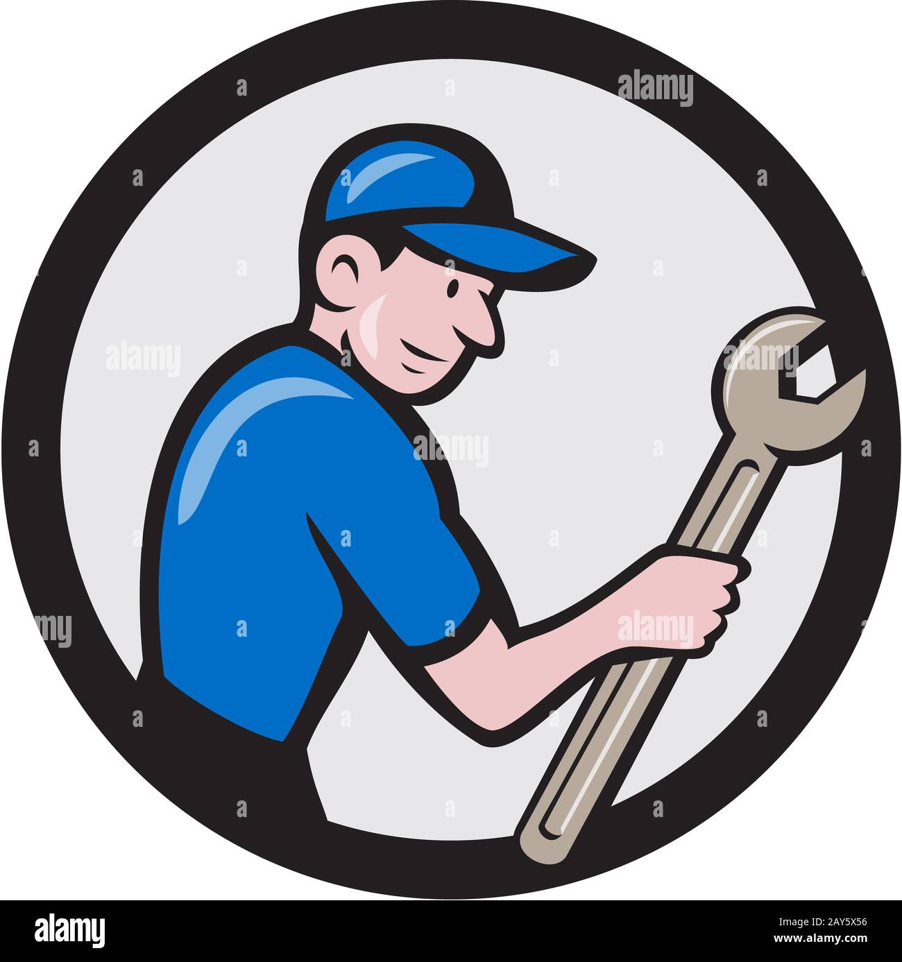 Handyman Holding Spanner Circle Cartoon Stock Photo - Alamy