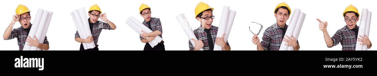 Funny man with blueprints on white Stock Photo - Alamy