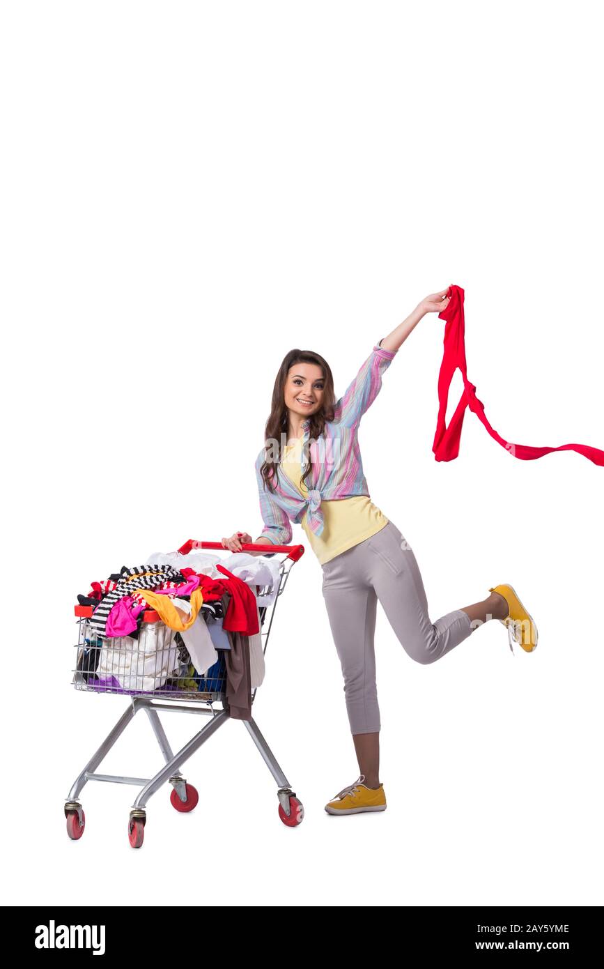 Woman after buying second hand clothing on white Stock Photo - Alamy