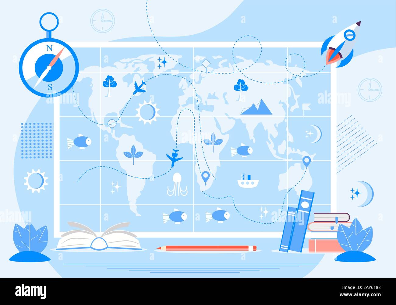 Atlas with metrics, compass, and oceans concept vector. Tiny ...