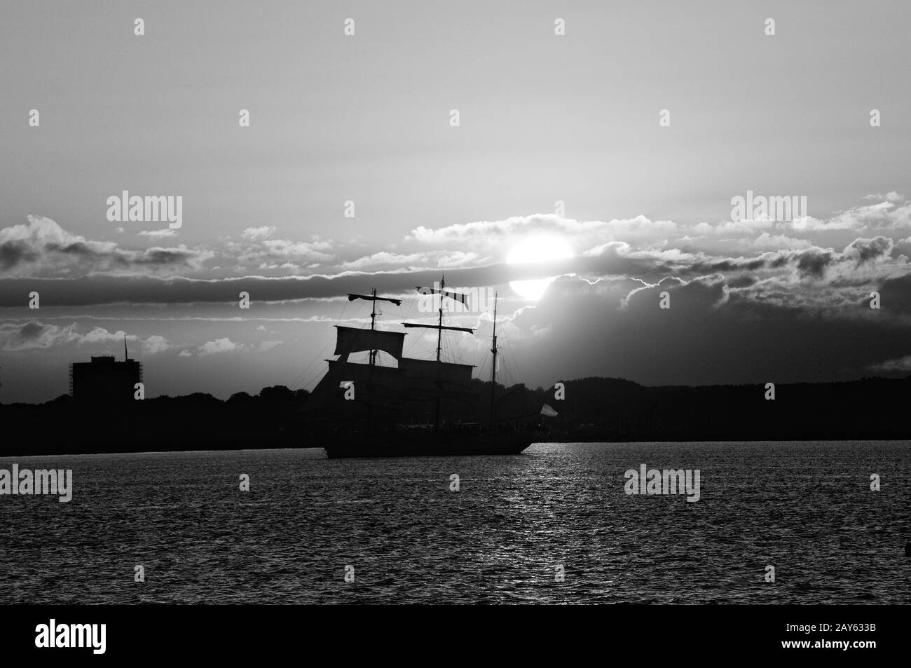 Sailboat to drive at night in Laboe Baltic Sea Germany in black and ...
