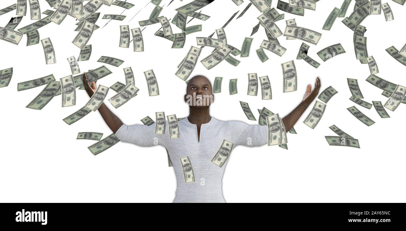 Black Man Catching Money Falling From the Sky Stock Photo - Alamy