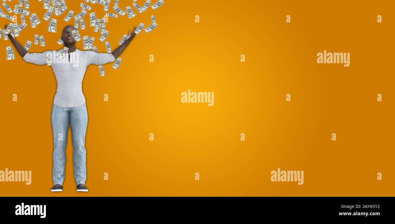Black Man Catching Money Falling From the Sky Stock Photo - Alamy