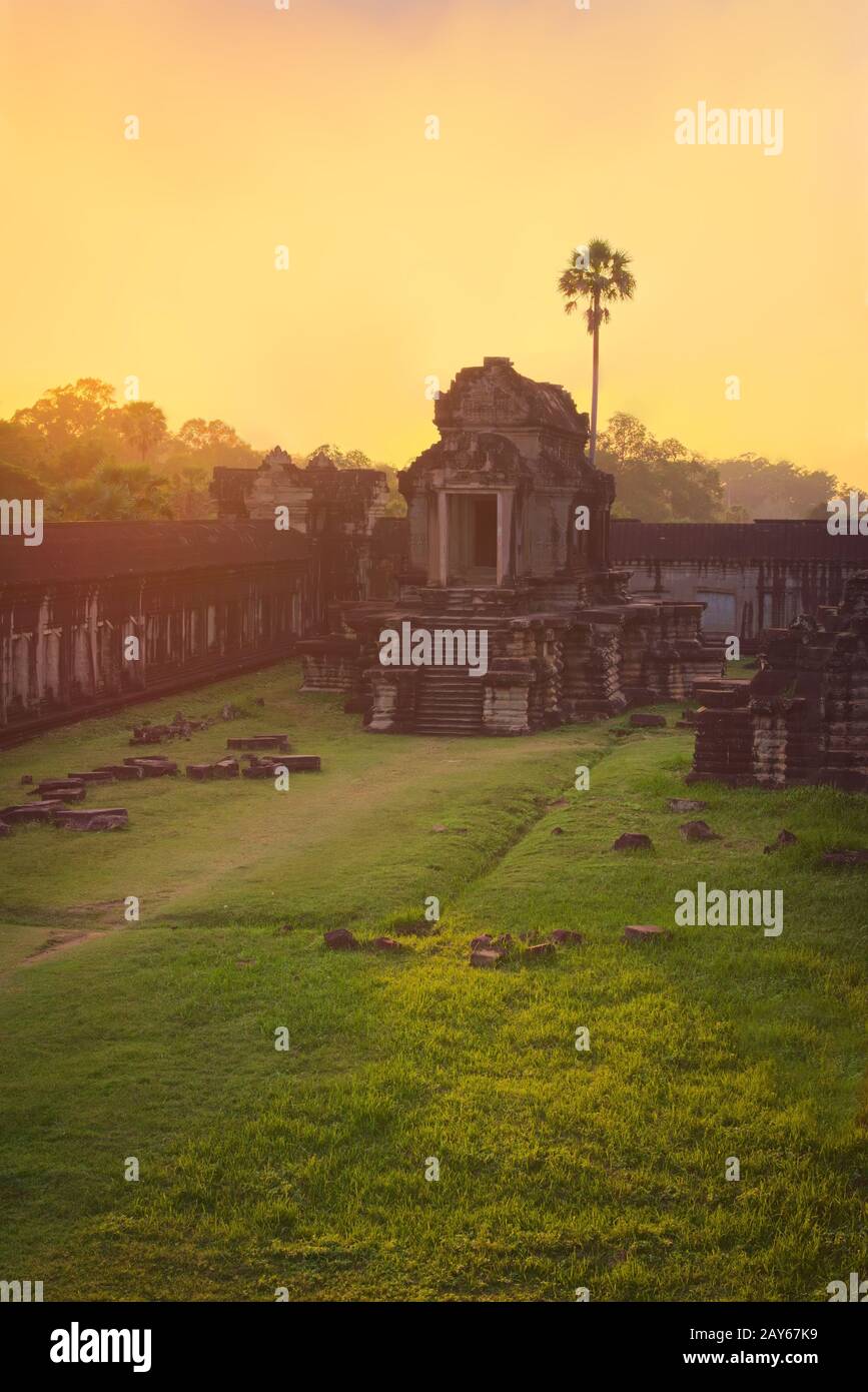 Angkor Wat temple at sunset. Elevated view of the inner western ...