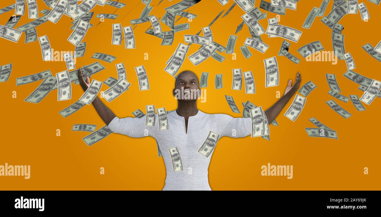 Black Man Catching Money Falling From the Sky Stock Photo - Alamy