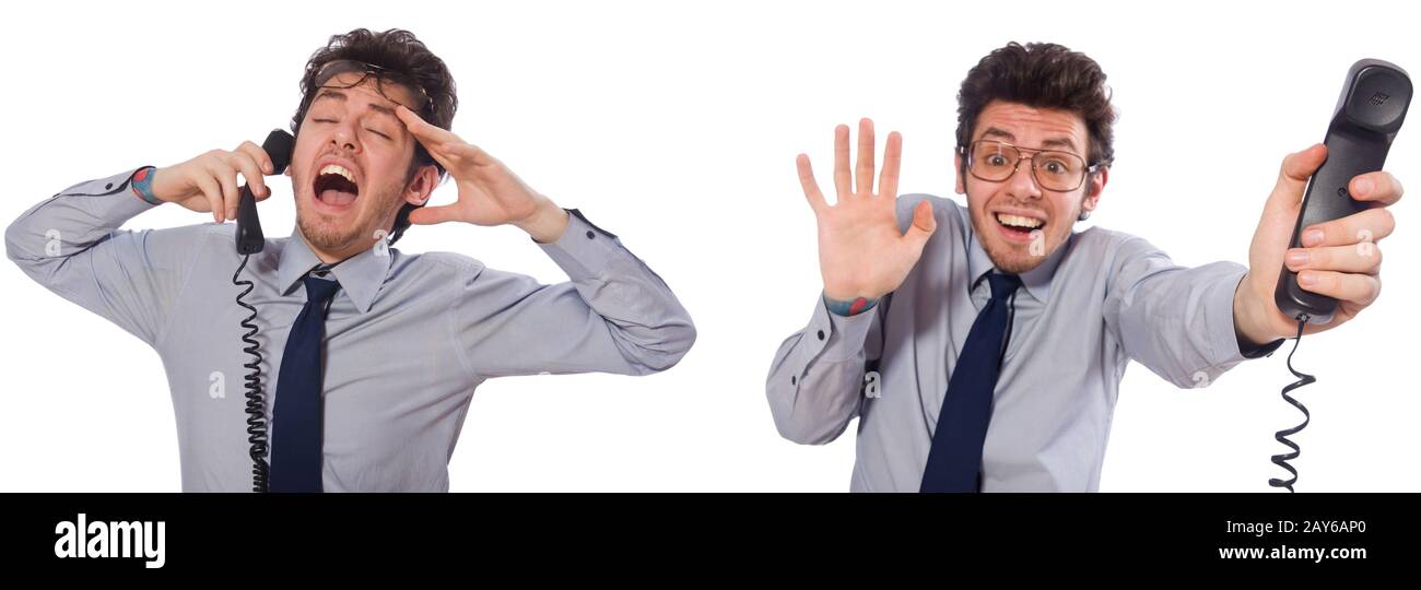 Angry call center employee in collage Stock Photo - Alamy