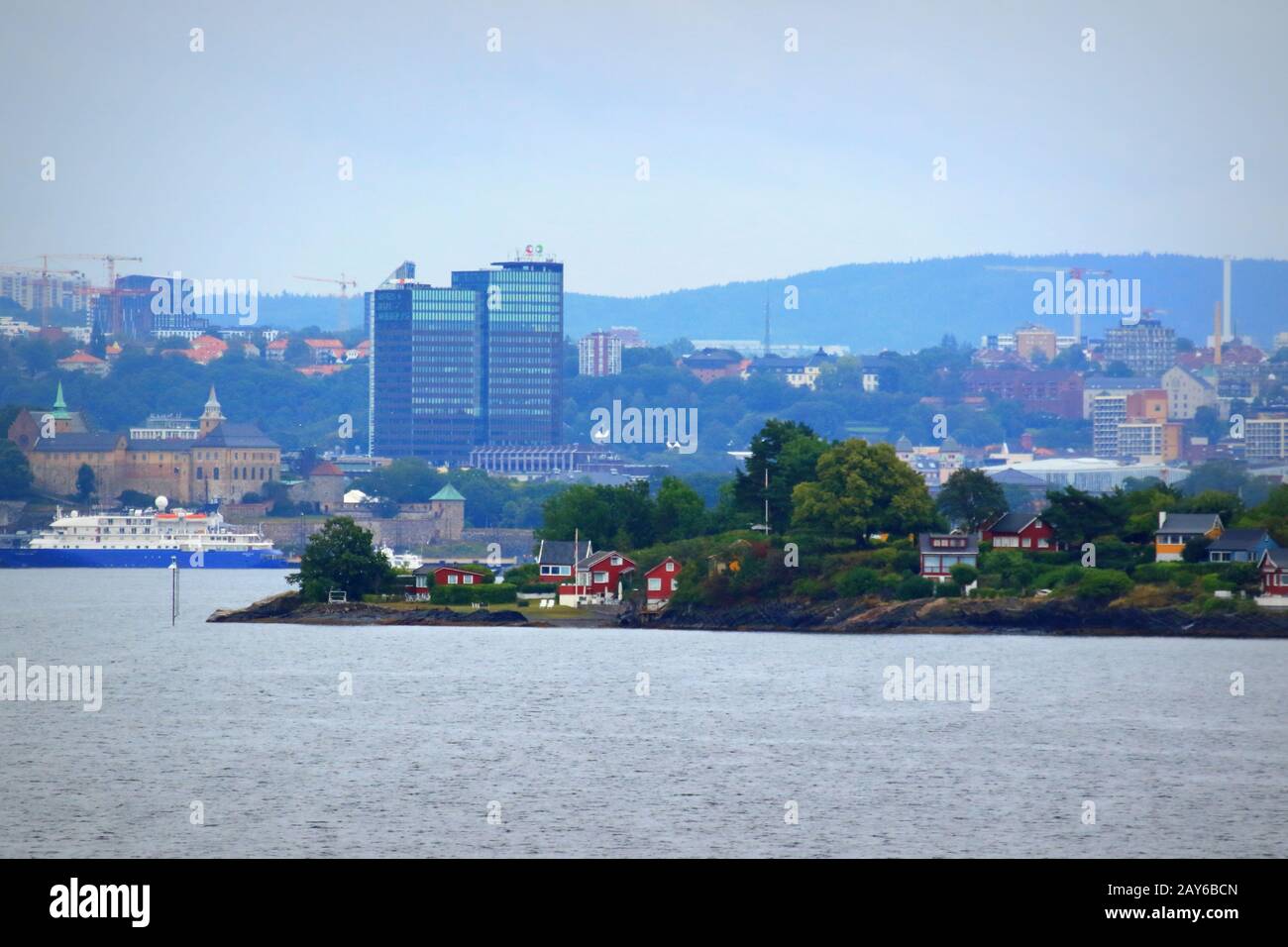 Scenic view of Oslo city on a rainy August day seen from the Inner ...