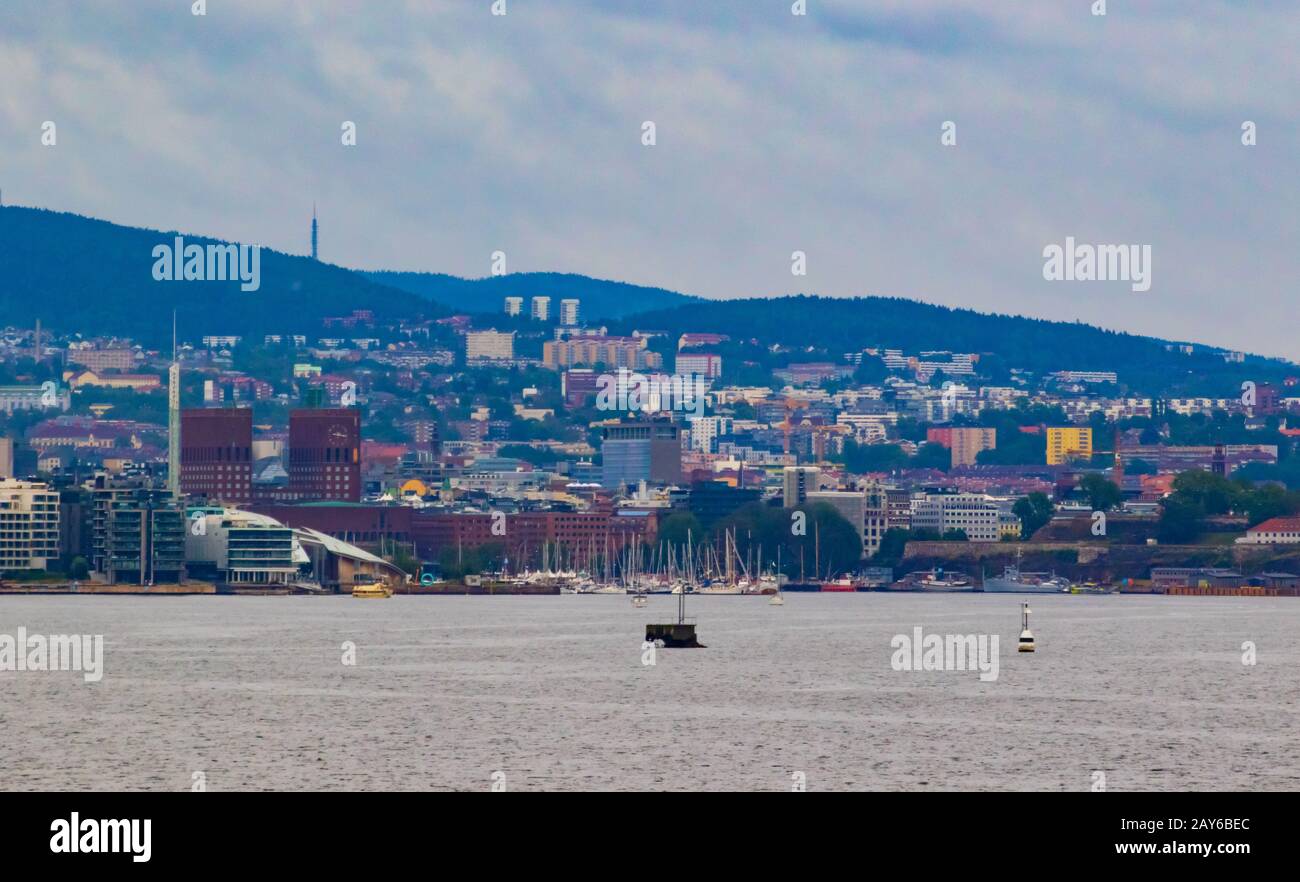 Scenic view of Oslo city on a rainy August day seen from the Inner ...