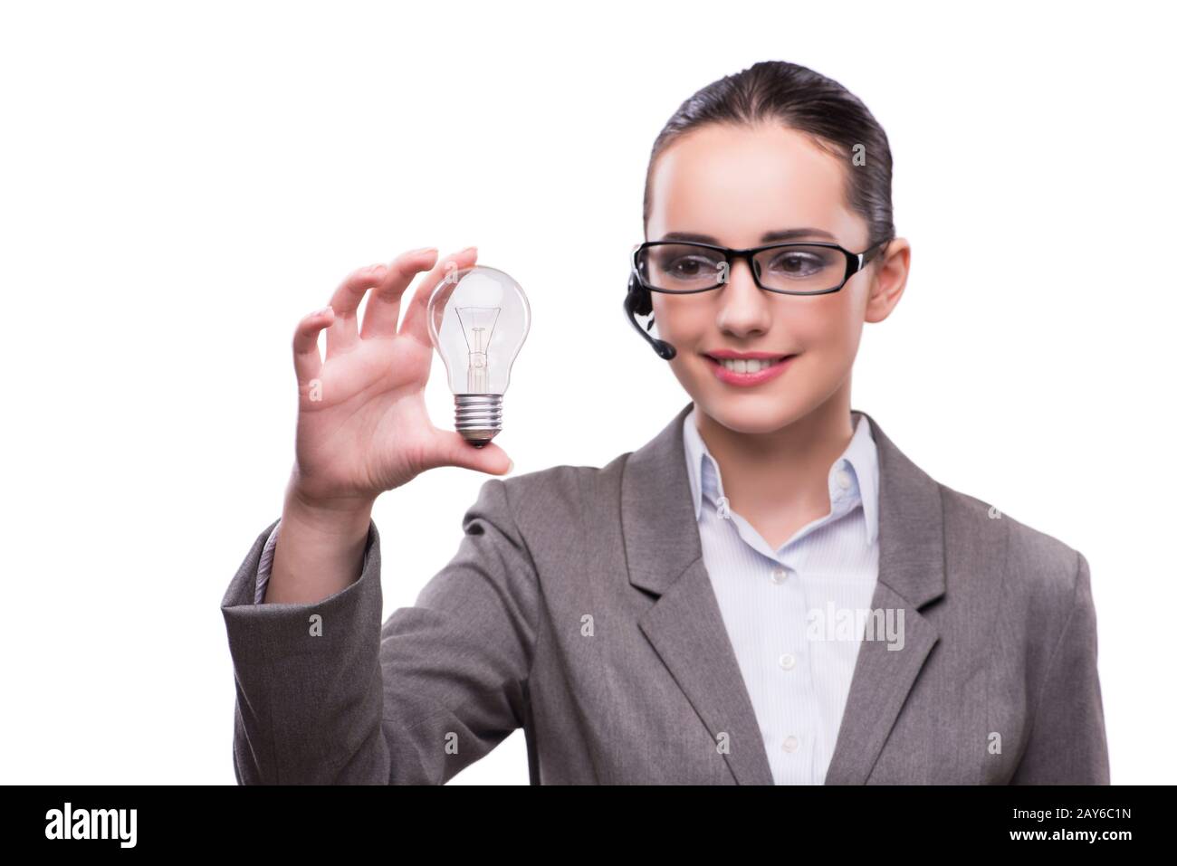 Call center operator with light bulb isolated on white Stock Photo - Alamy