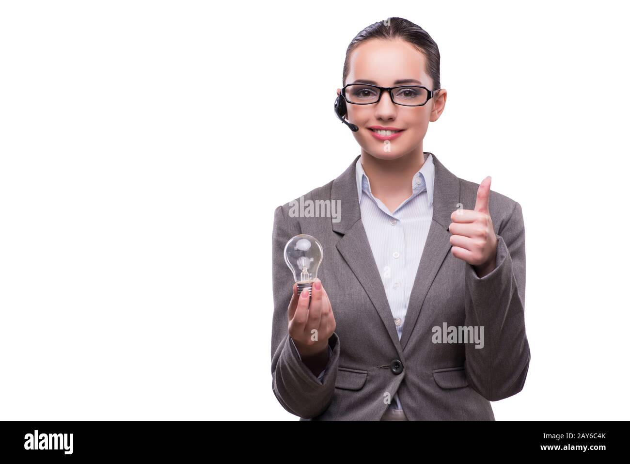 Call center operator with light bulb isolated on white Stock Photo - Alamy