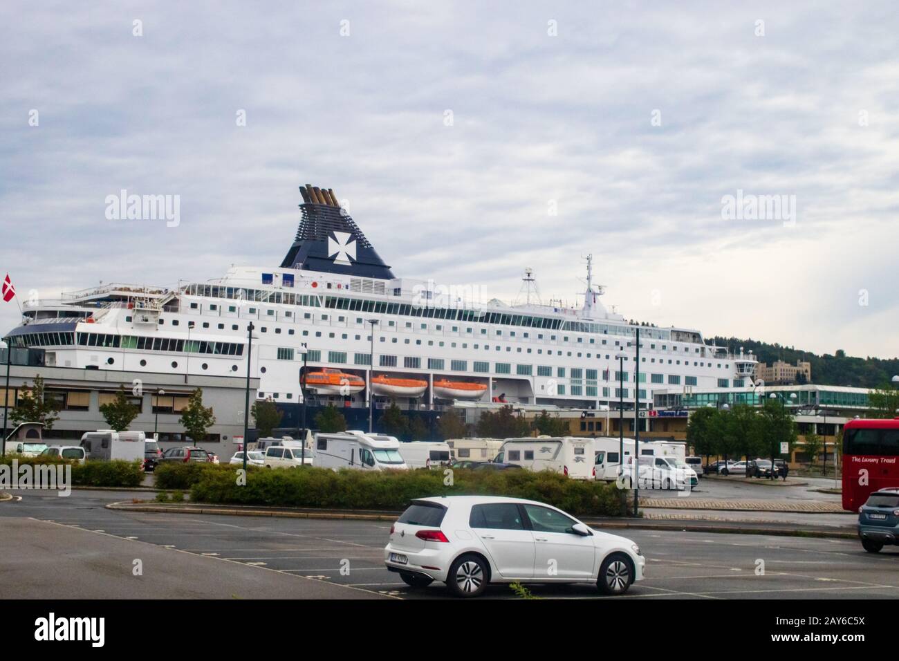Parking lot and Stena Line ferry moored at passenger terminal at Oslo ...