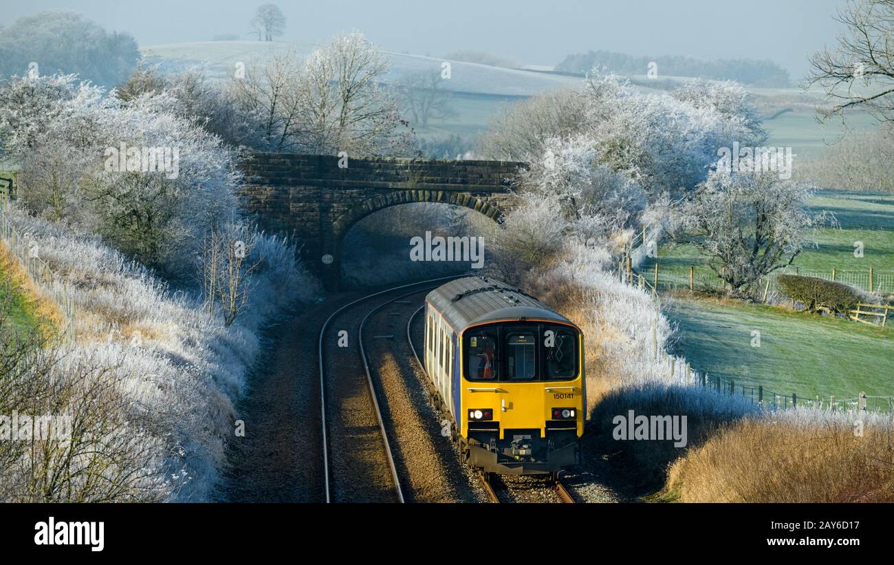Passenger train (2-car Northern 150/1 sprinter diesel) travelling along ...