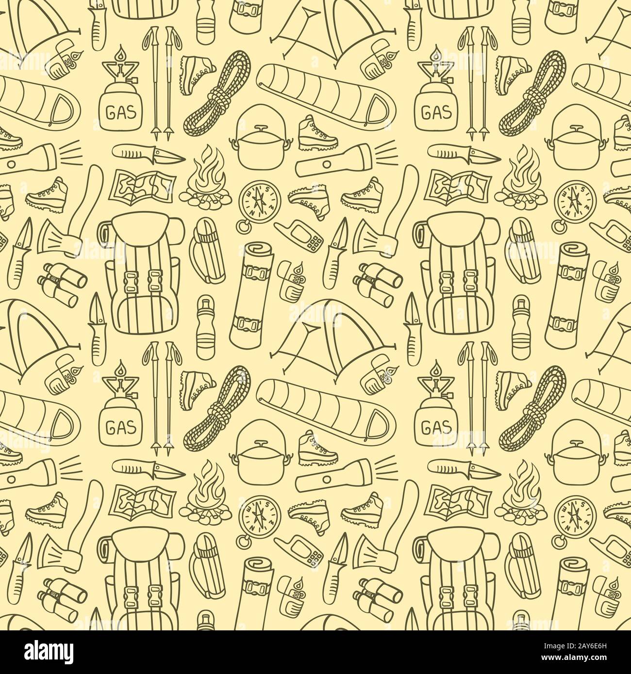 Hiking or backpacking seamless pattern. Trekking equipment background ...