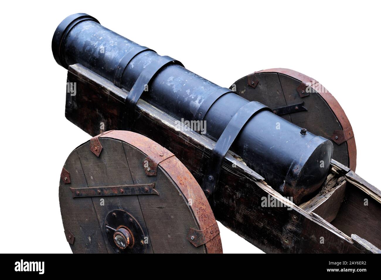 Replica of medieval gunpowder cannon / mediaeval gun against white ...