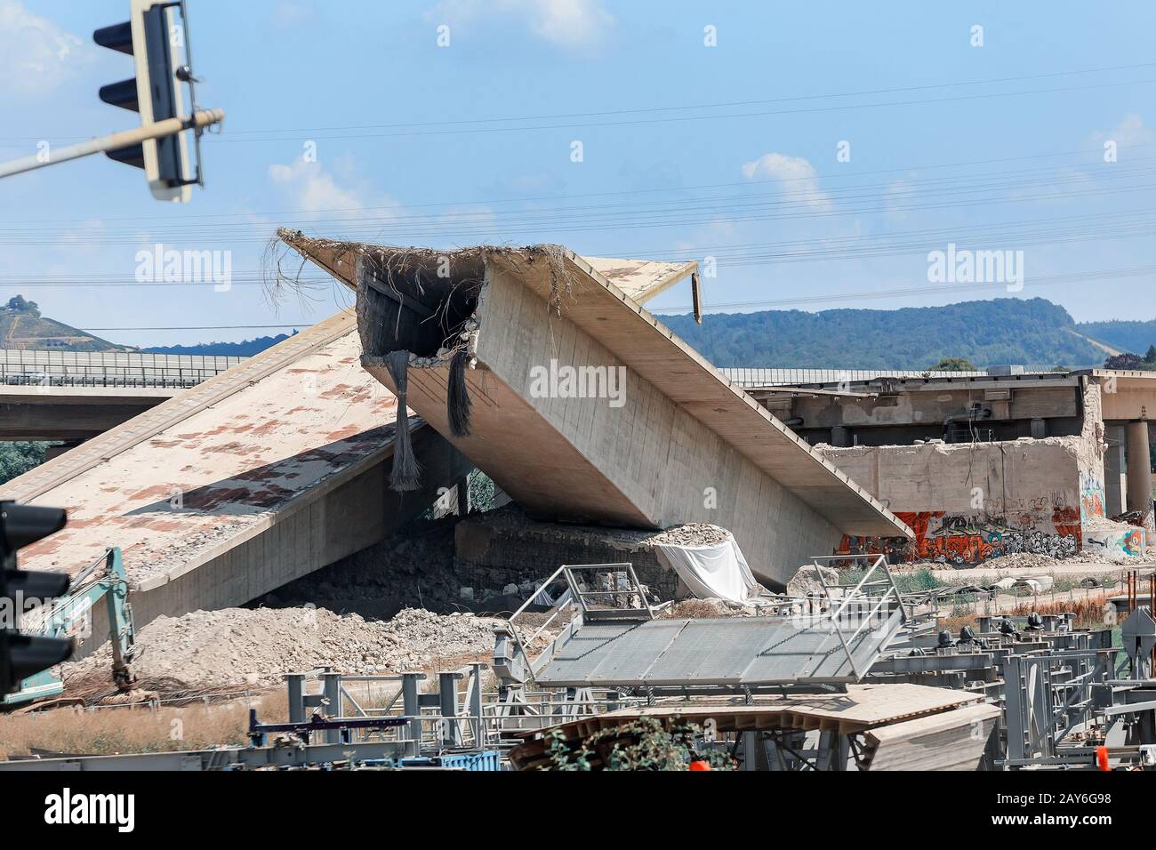 04 August 2019, Nuremberg, Germany: View of the destroyed road bridge ...