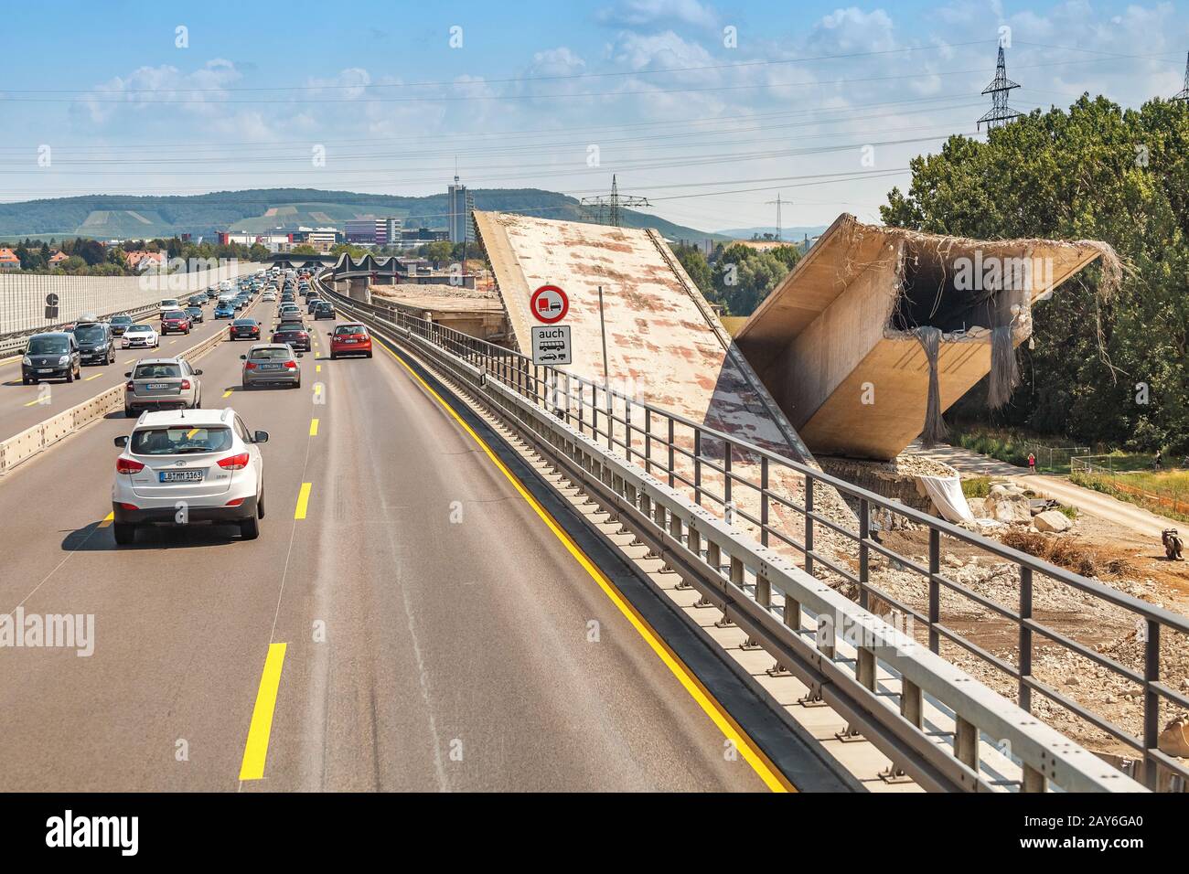 04 August 2019, Nuremberg, Germany: View of the destroyed road bridge ...