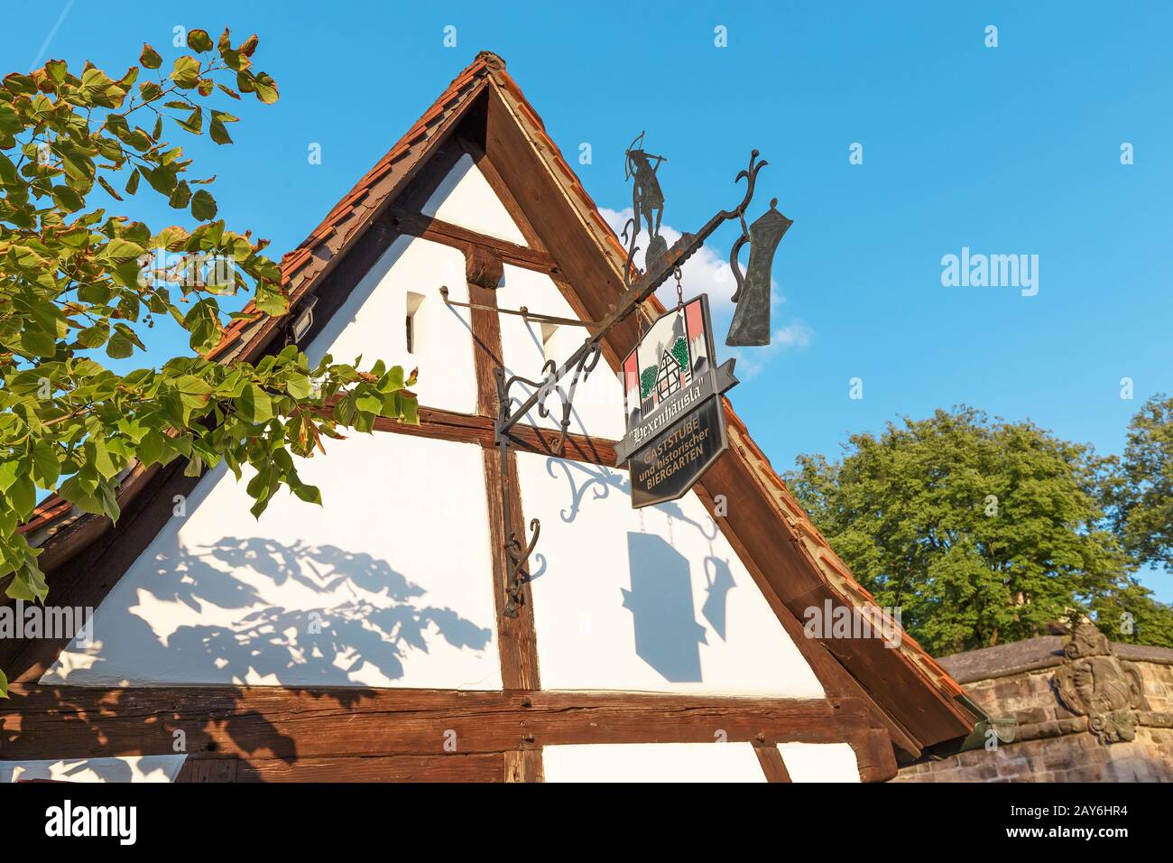 04 August 2019, Nuremberg, Germany: Biergarten tavern half-timbered ...