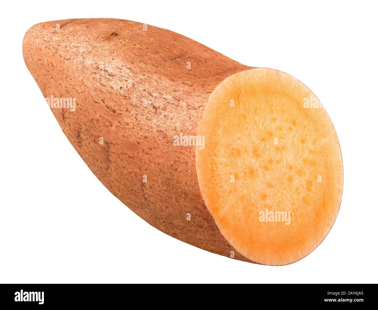 Sweet potato (Ipomoea batatas tuberous root), halved, isolated Stock ...