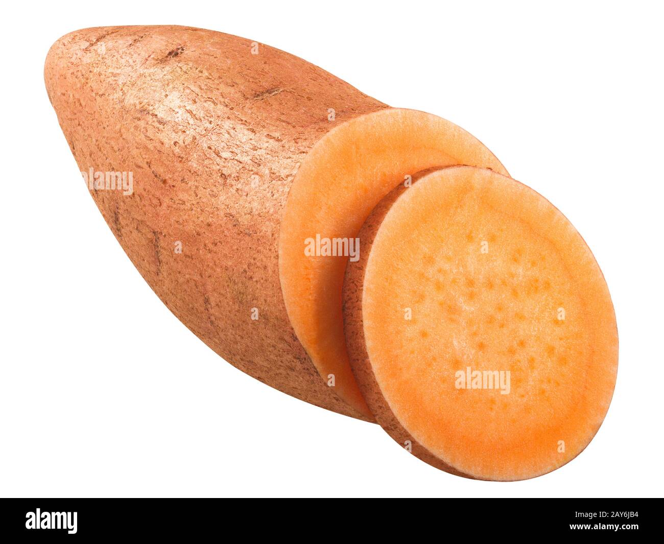 Sweet potato (Ipomoea batatas tuberous root), partially sliced ...