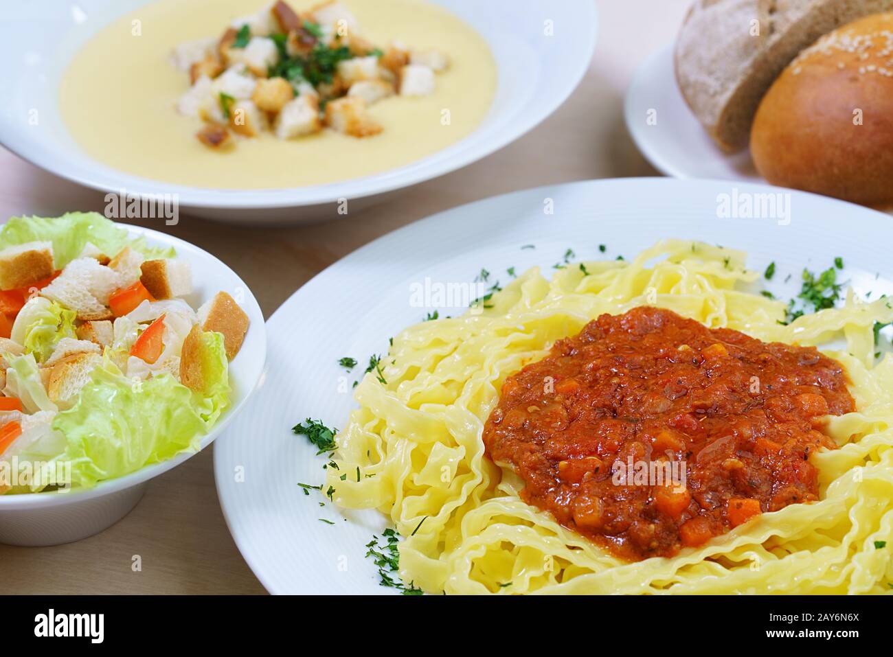 Set dinner of three courses in cafe close up view Stock Photo - Alamy