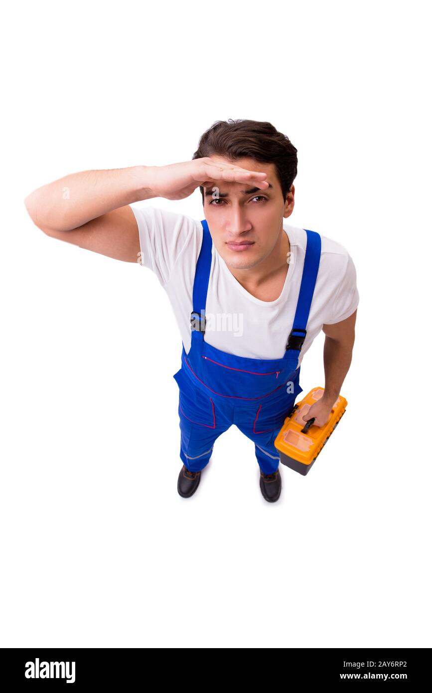 Funny repairman with tools isolated on white Stock Photo - Alamy