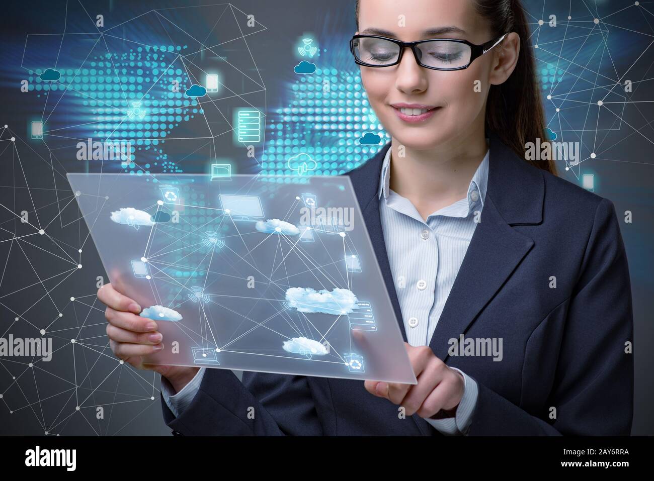 Woman with tablet in cloud computing concept Stock Photo - Alamy