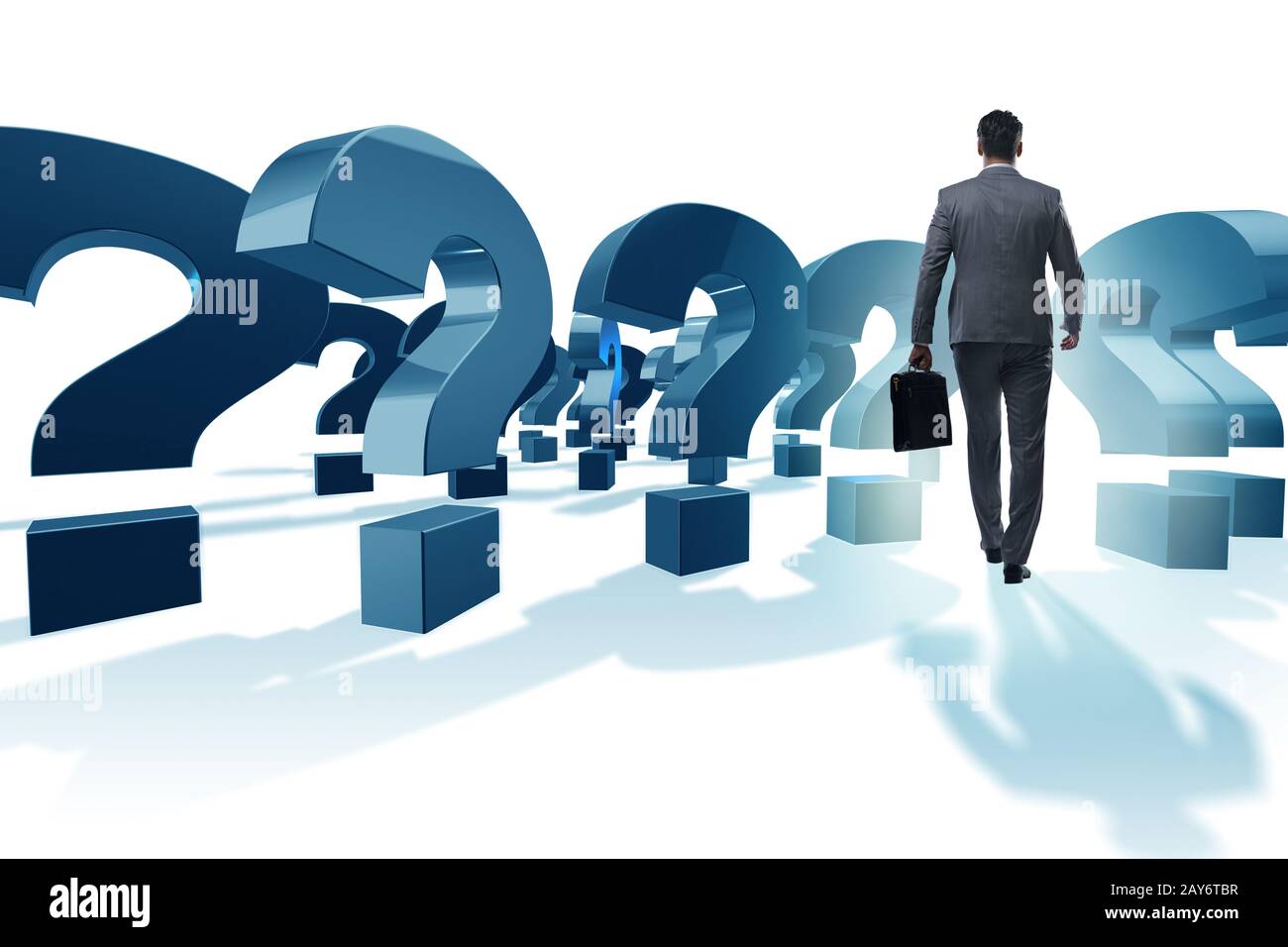 Businessman with question marks isolated on white Stock Photo - Alamy