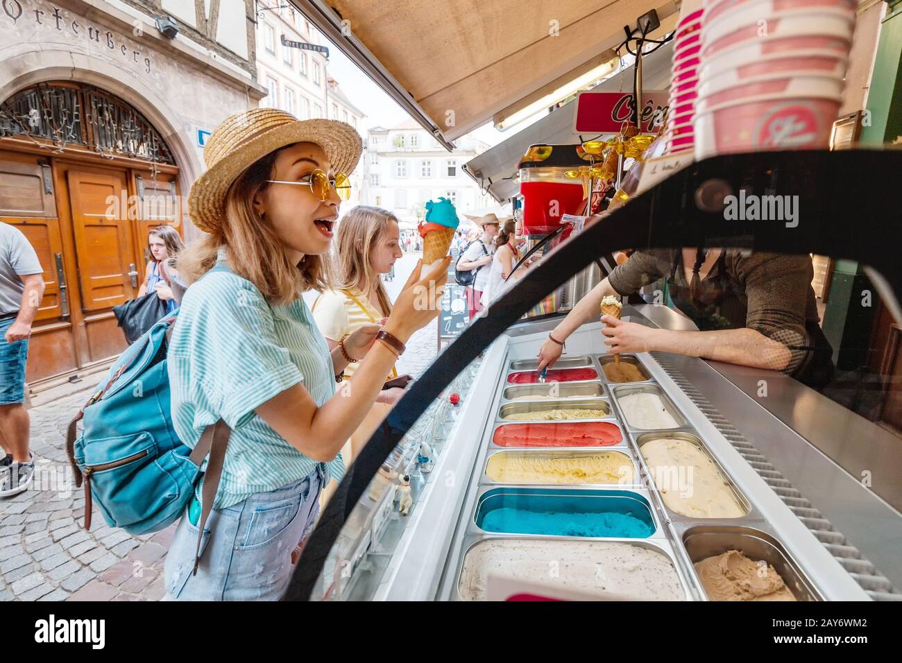 22 July 2019, Strasbourg, France: Woman buying traditional French ice ...