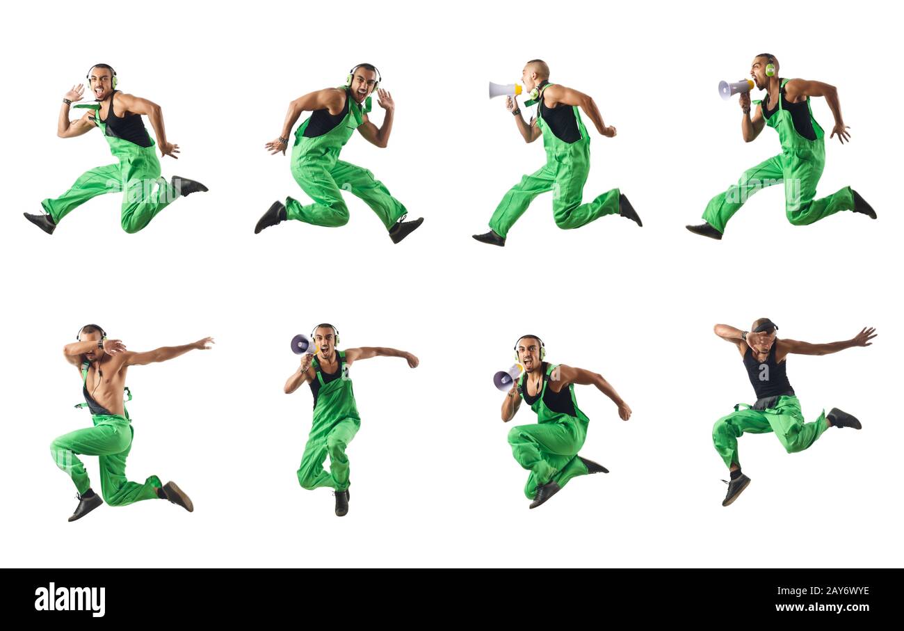 Construction worker jumping and dancing Stock Photo - Alamy