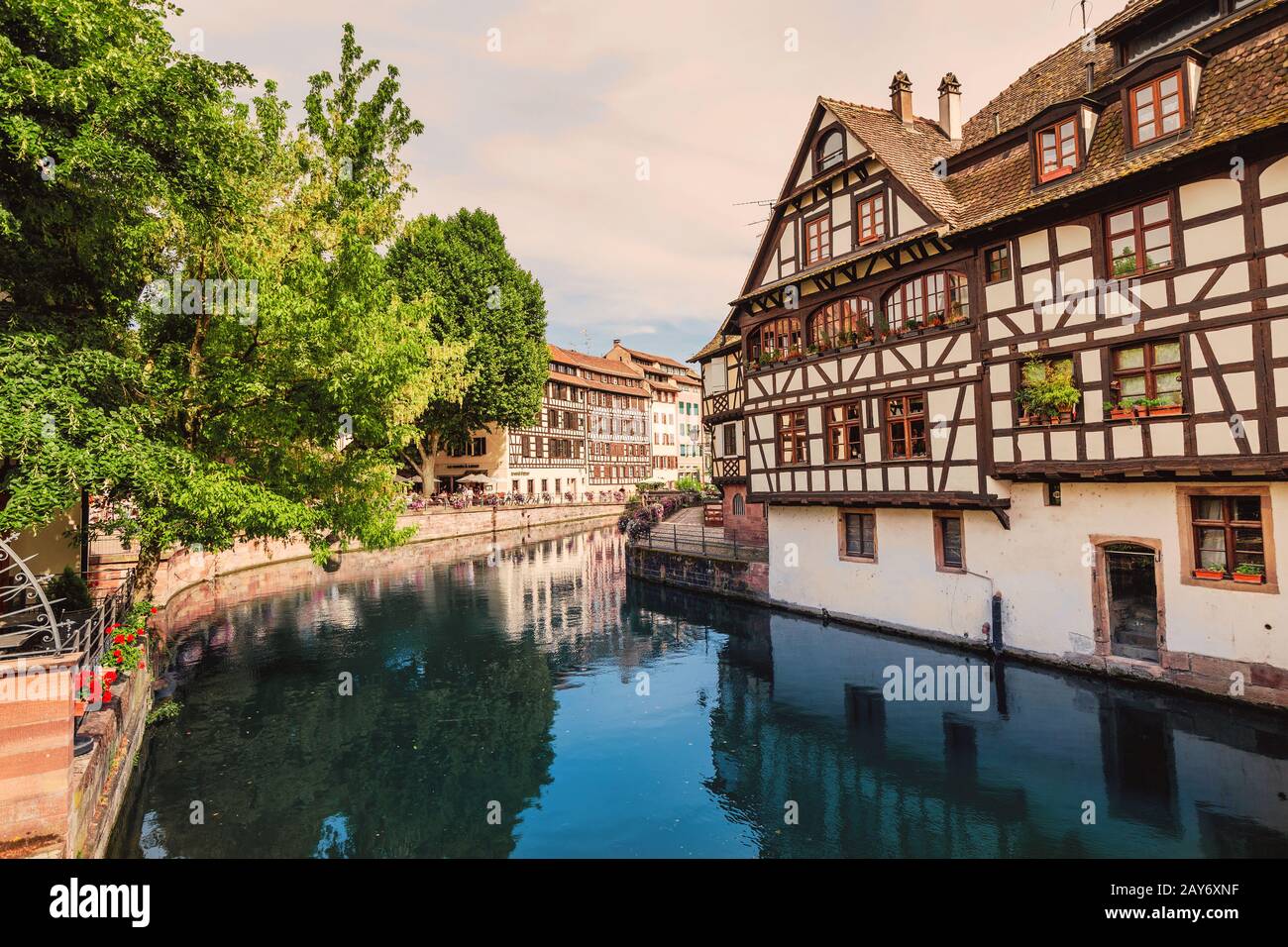 Strasbourg cityscape at sunset. Famous Petite France quartier and it's ...
