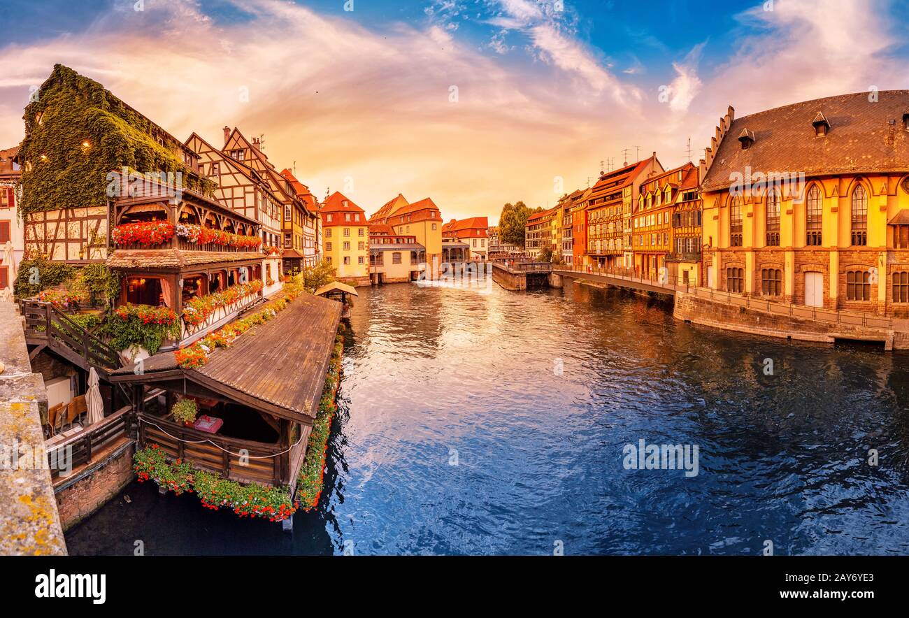Strasbourg cityscape at sunset. Famous Petite France quartier and it's ...
