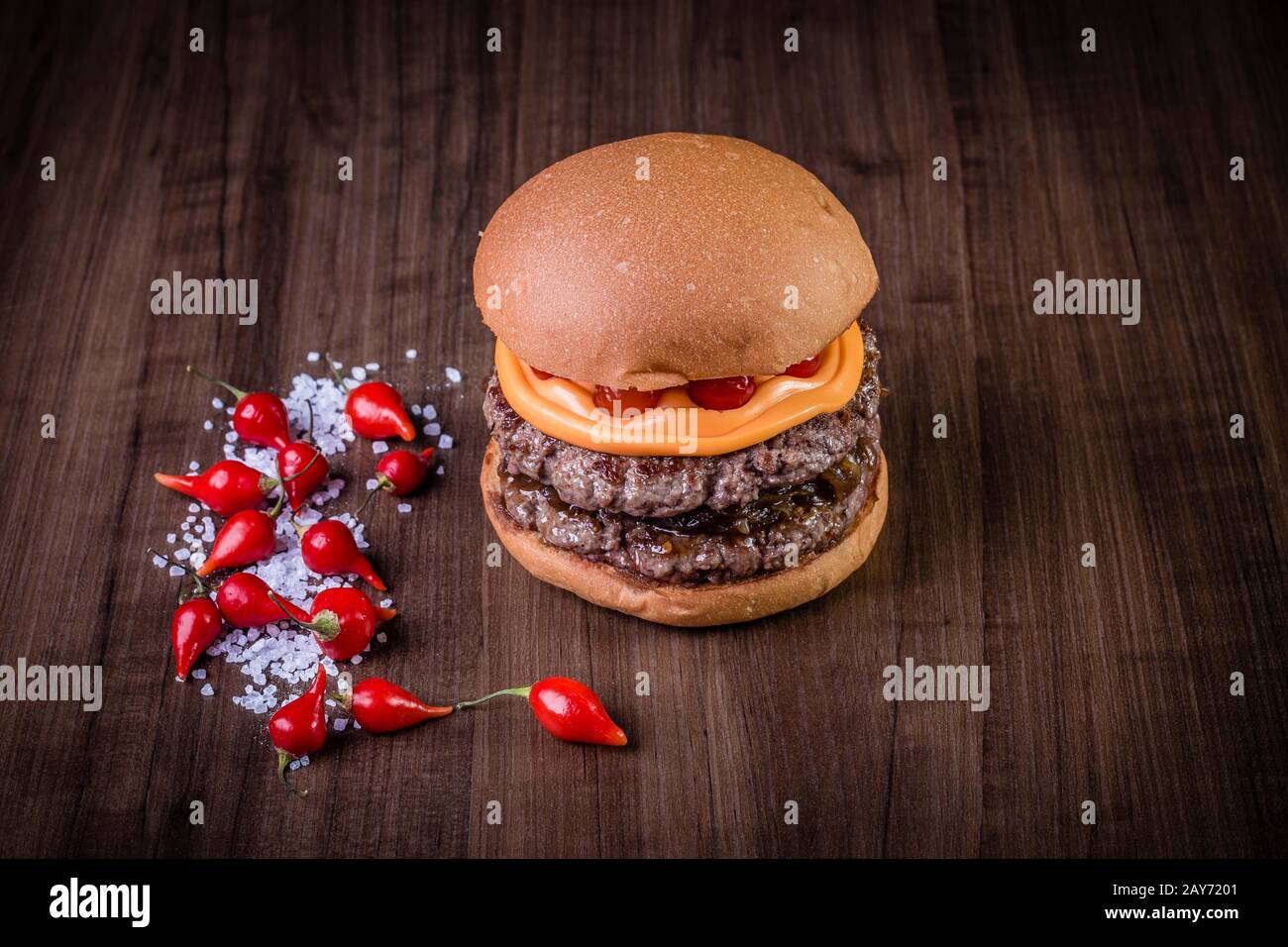 Double craft beef burger with cheddar cheese, caramelized onion and ...