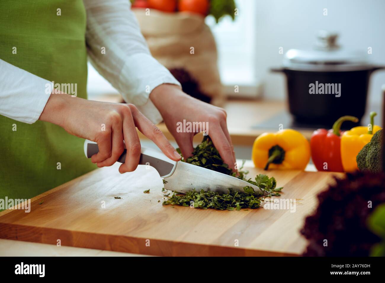 Unknown human hands cooking in kitchen. Woman is busy with vegetable ...