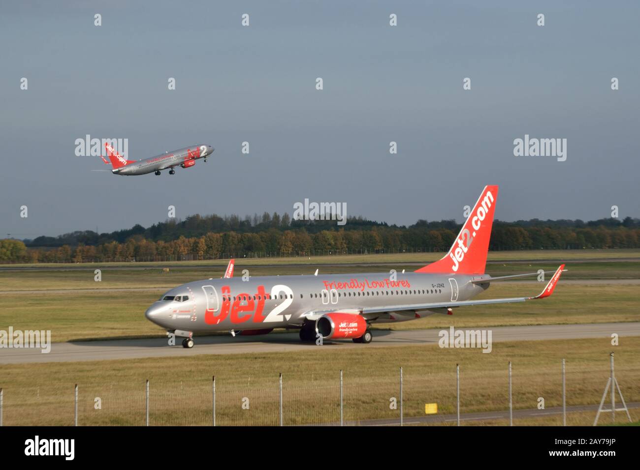 Two Jet2 B737NG's in 'Red Tail' livery at London Stansted Airport Stock ...