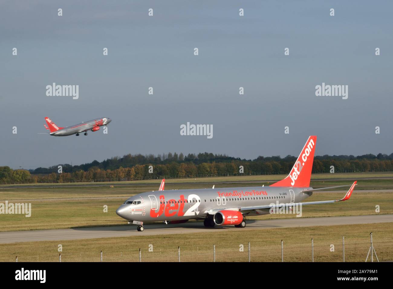 Two Jet2 B737NG's in 'Red Tail' livery at London Stansted Airport Stock ...