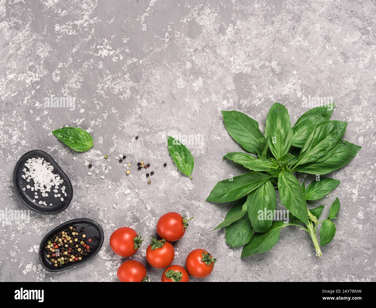 food background with basil, tomatoes, spices Stock Photo - Alamy