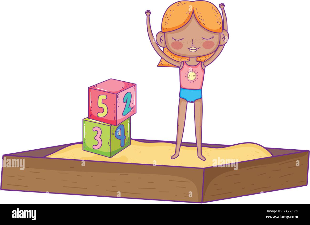 happy childrens day, girls in sandbox with numbers blocks park vector ...