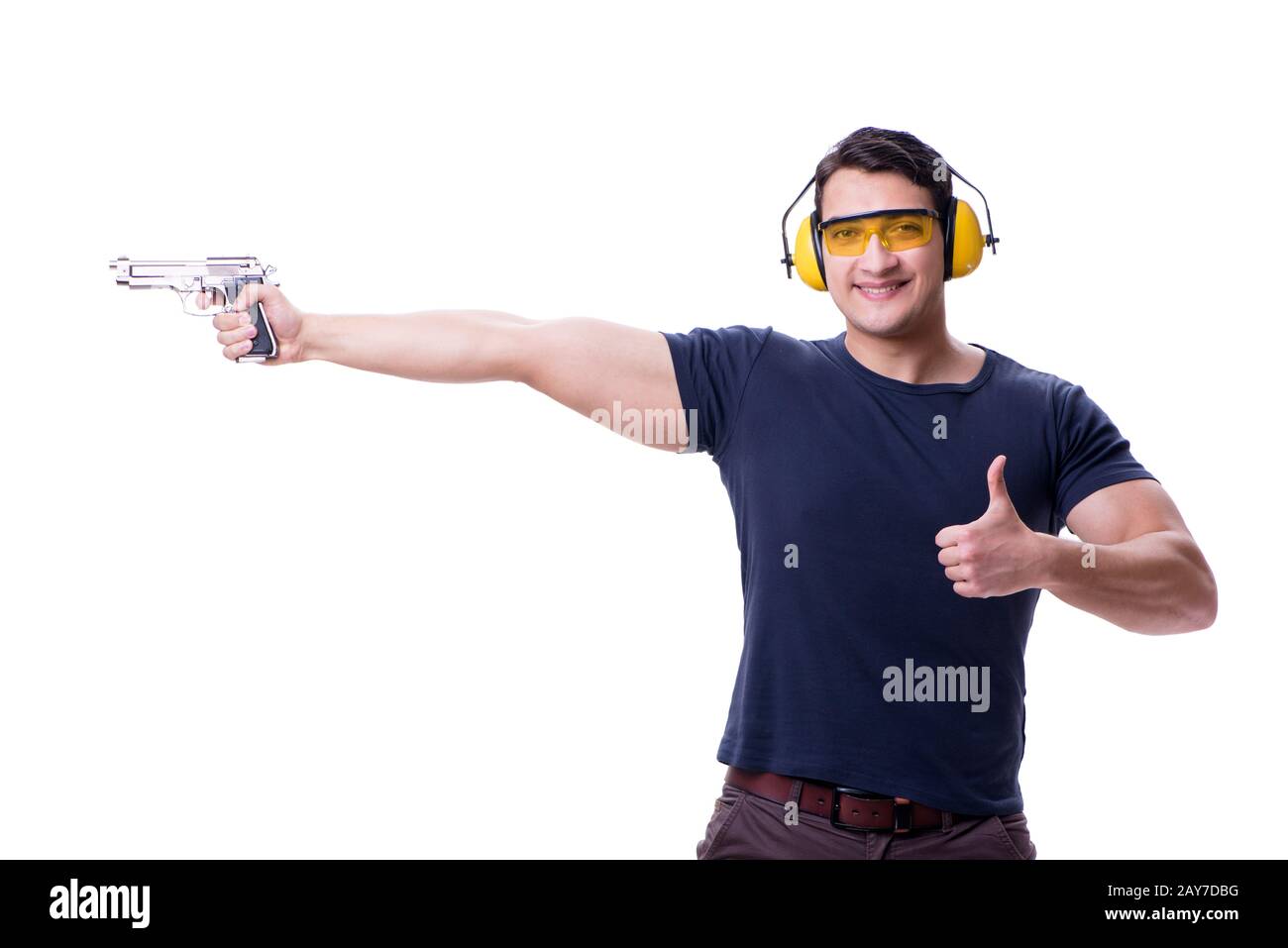 Man doing sport shooting from gun isolated on white Stock Photo - Alamy