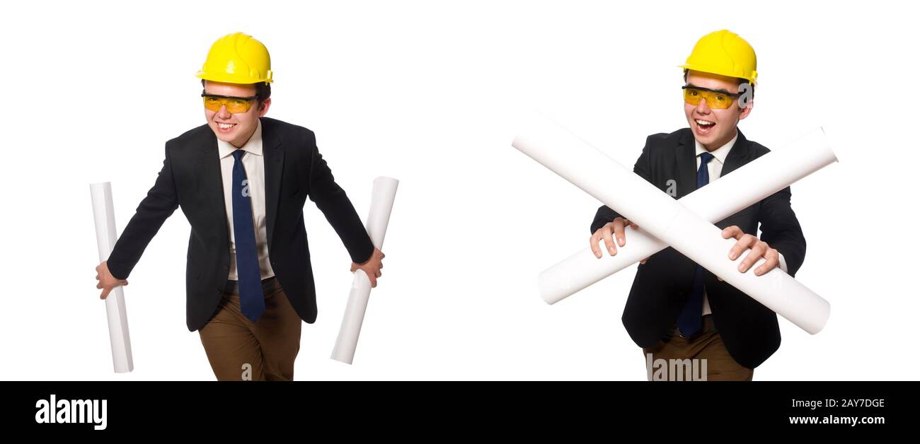 Funny architect with drawings on white Stock Photo - Alamy