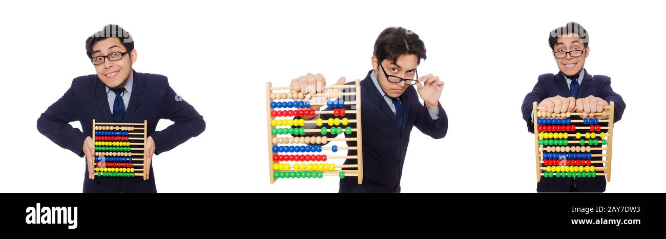 Angry accountant with abacus isolated on white Stock Photo - Alamy